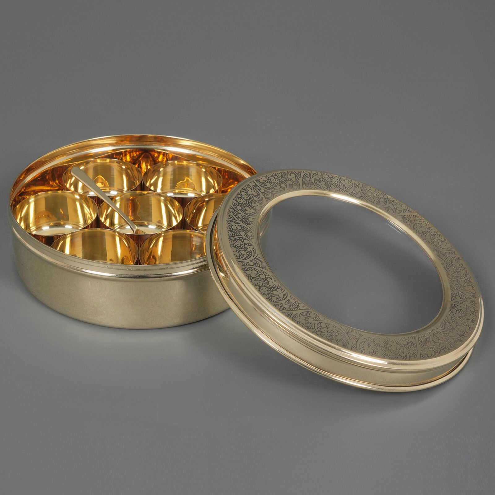 Pure Brass Masala Daani / Spice Box with Glass lid - Copper Brazier